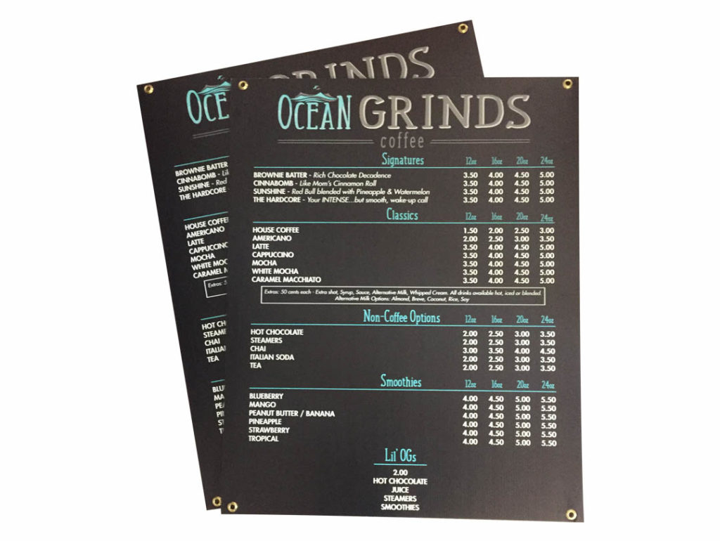 Ocean Grinds Coffee - Menu Sign - WestCoast Media Group